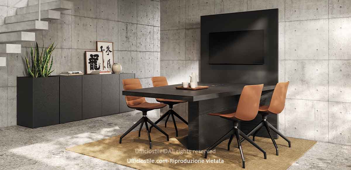 Mediawall e tavolo trapezoidale Mux in legno